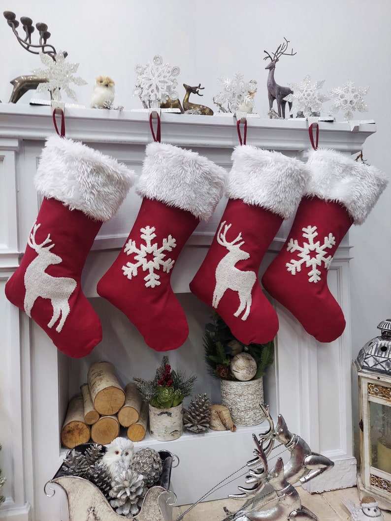 Scandi Personalized Cute Christmas Stockings Red White Snowflake and ...