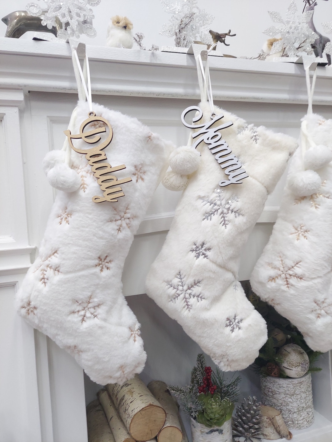 20" Fuzzy Plush Snowflake Christmas Stockings | Bright White Gold ...