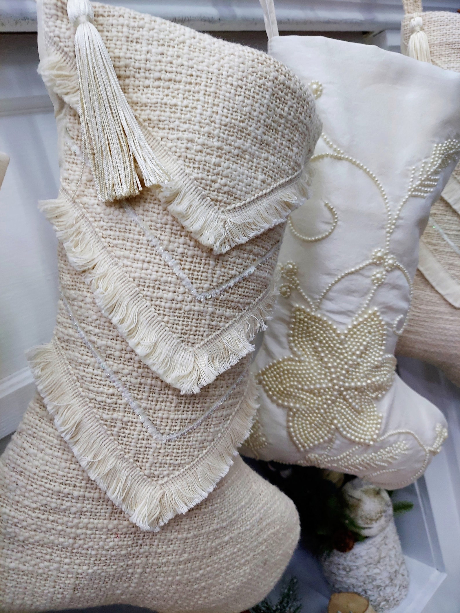 Elegant Ivory Christmas Stockings | Beaded Pearls Textured Fringe ...