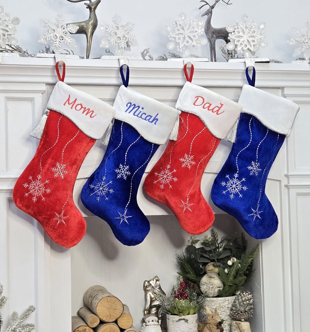 Personalized Christmas Stockings Snowflake Bling Red White Silver Blue ...