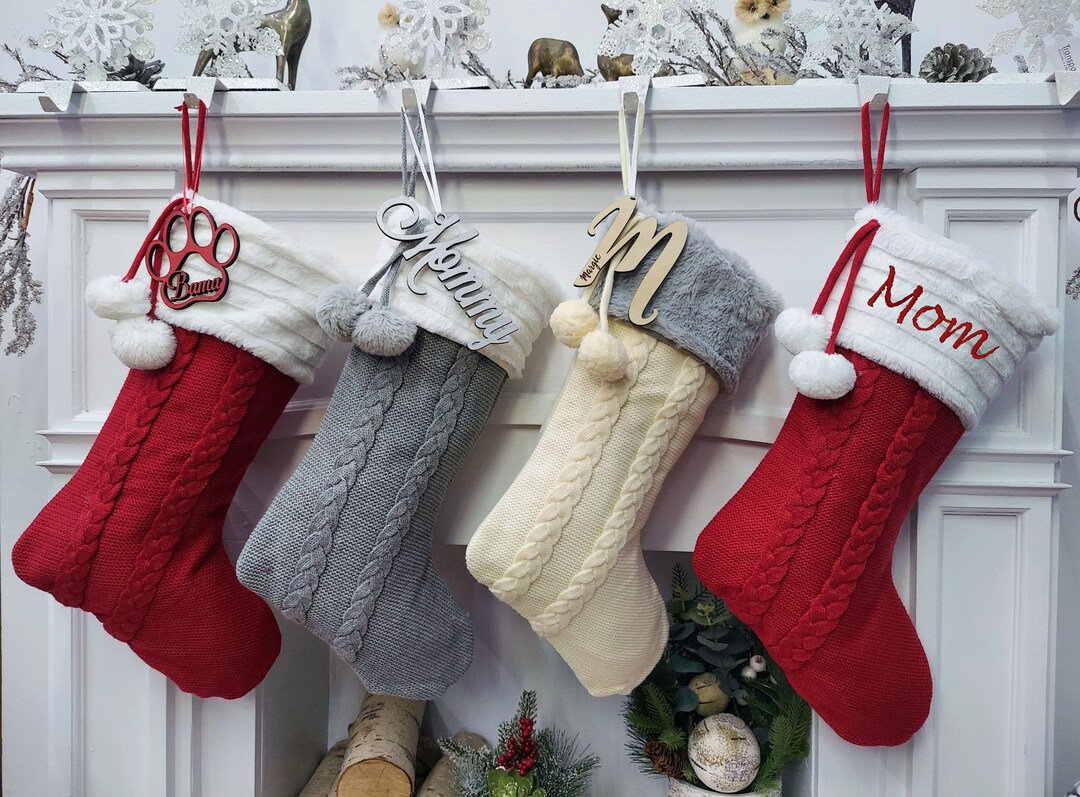 Cable Knit Personalized Christmas Stockings Plush Top & Pom Poms Name ...