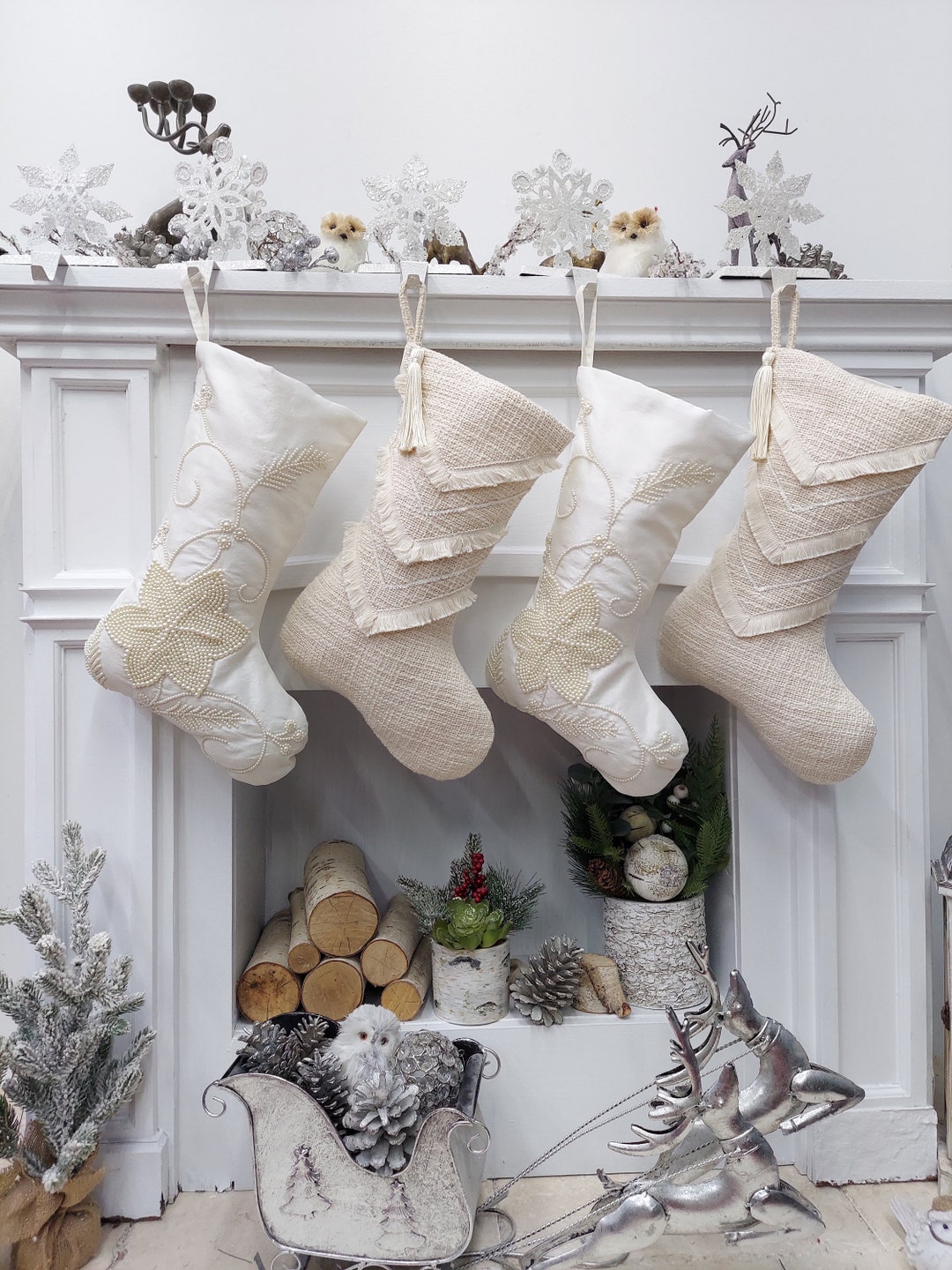 Elegant Ivory Christmas Stockings | Beaded Pearls Textured Fringe ...