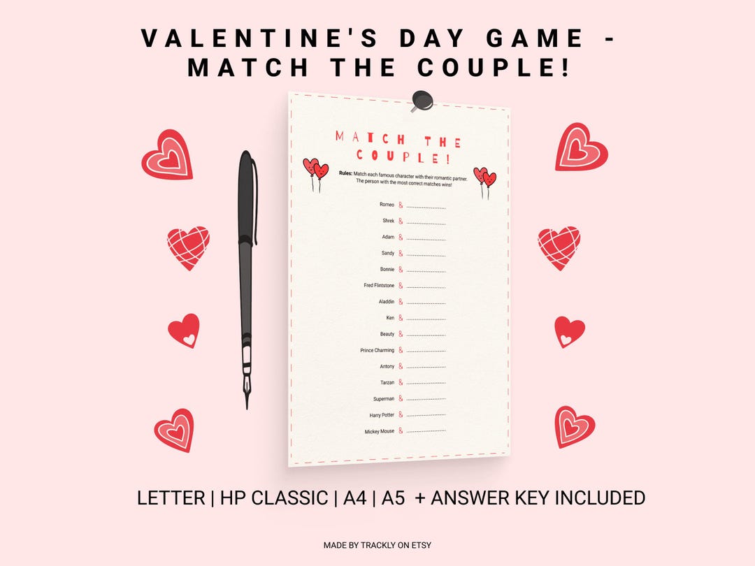 Valentine’s Day Match the Couple Game Fun Romantic Quiz, Party Activity ...