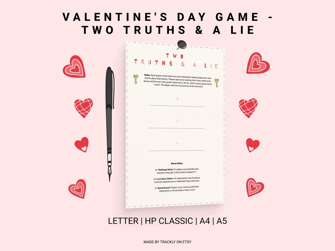 Valentine’s Day Two Truths & A Lie Game Fun Icebreaker, Party Game ...