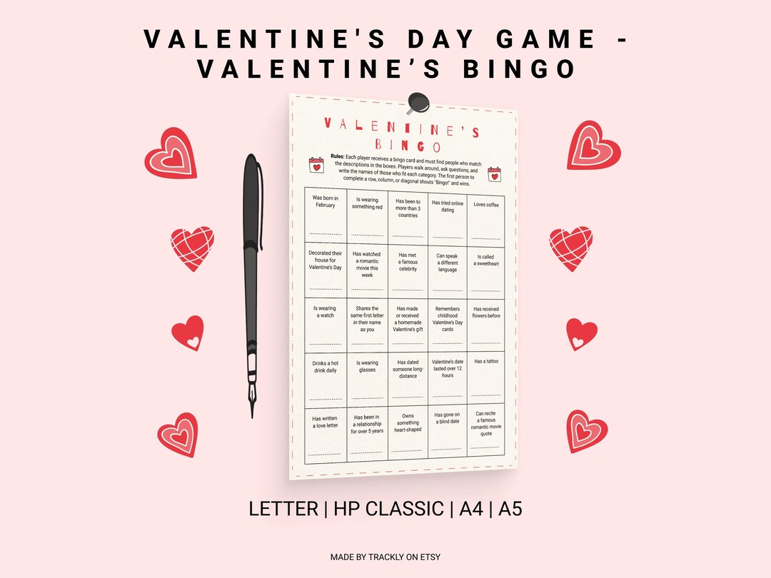 Valentine’s Day Bingo Game Fun Icebreaker, Party Activity, Printable ...