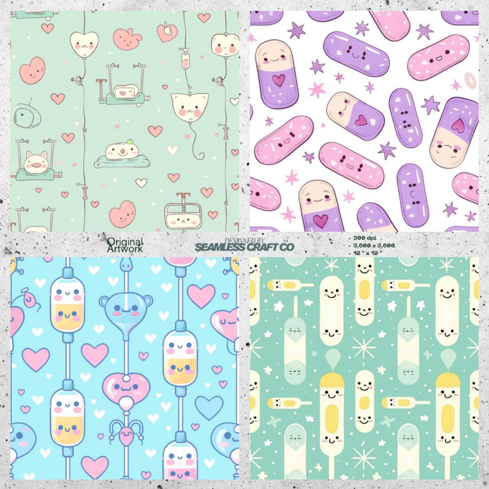 Kawaii Nurse Seamless Pattern Bundle, Pastel Medical Art (digital ...