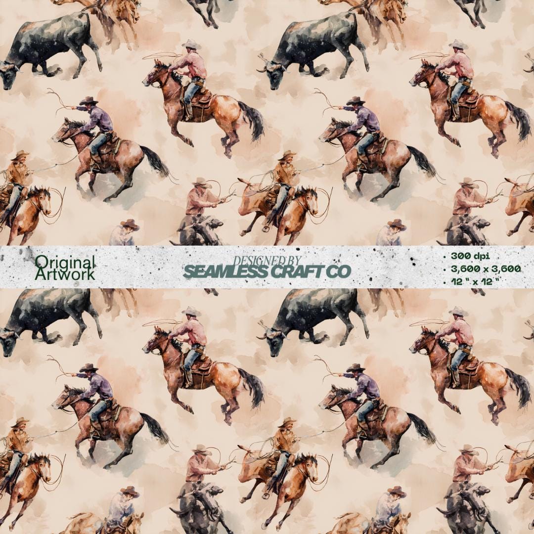 Watercolor Cowboy Rodeo Pattern: Rustic Western Design (digital ...