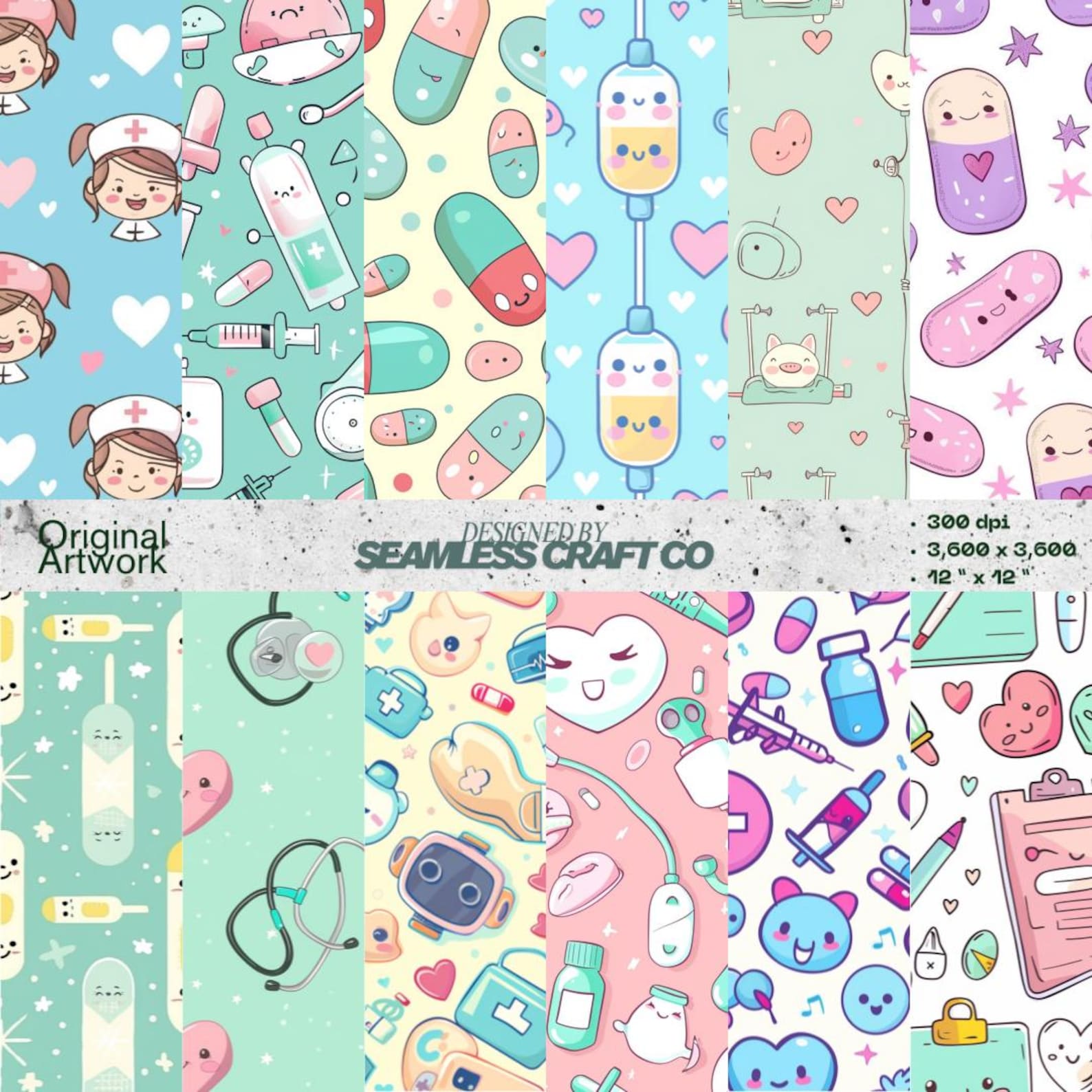 Kawaii Nurse Seamless Pattern Bundle, Pastel Medical Art (digital ...