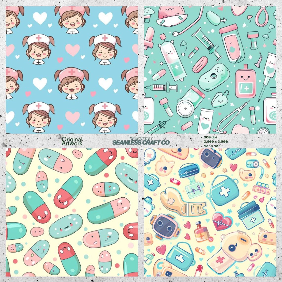 Kawaii Nurse Seamless Pattern Bundle, Pastel Medical Art (digital ...