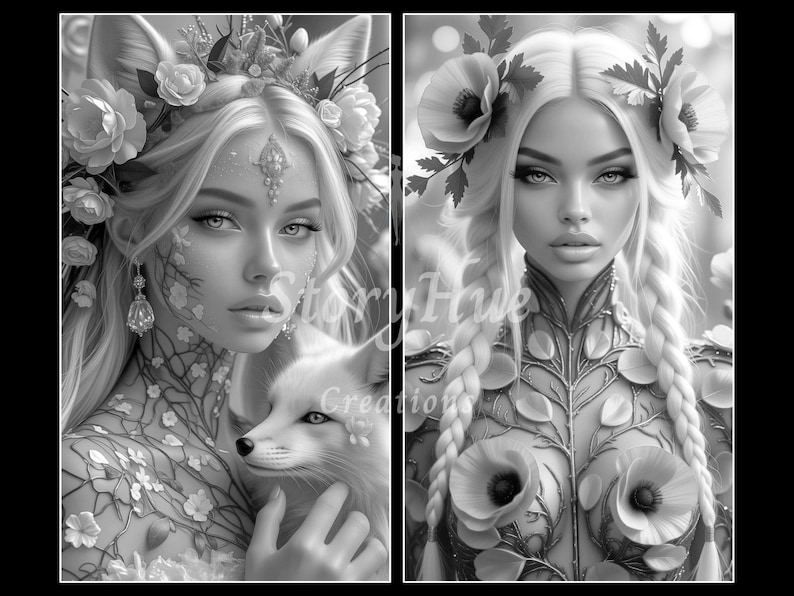 Botanical Fantasy Women Coloring Book | 66 Grayscale Pages (PDF ...