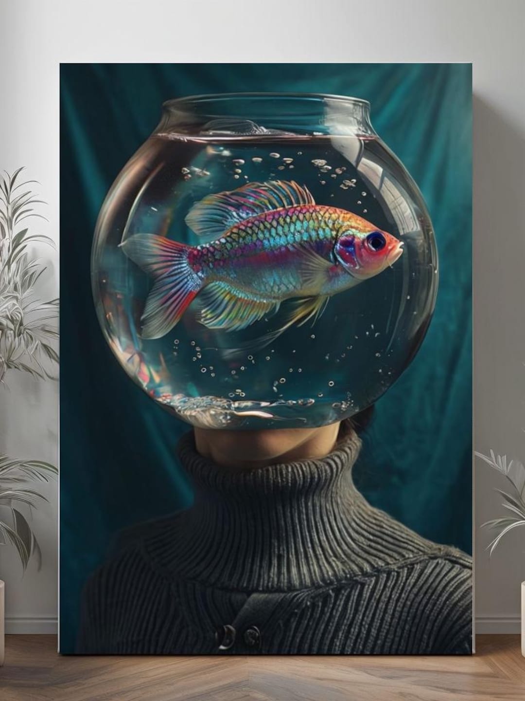 Surreal Fishbowl Head Portrait - Colorful Fish Art, Digital Download ...
