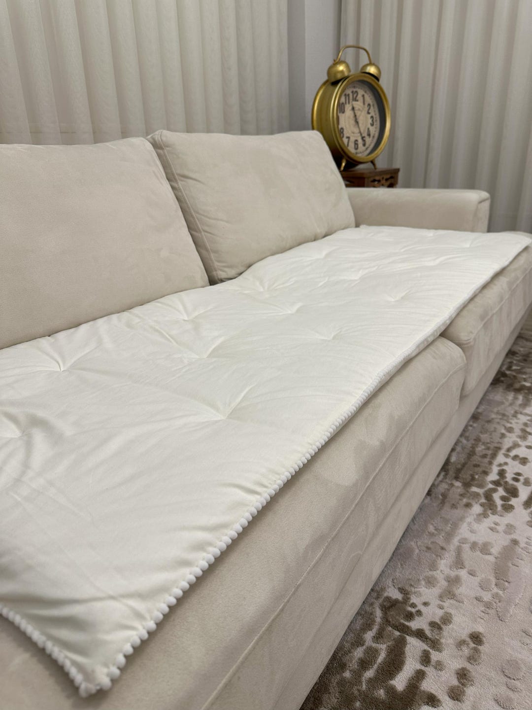 Sofa Topper %100 Cotton With Pom Pom Edge, Washable Sofa Pad, Sofa ...