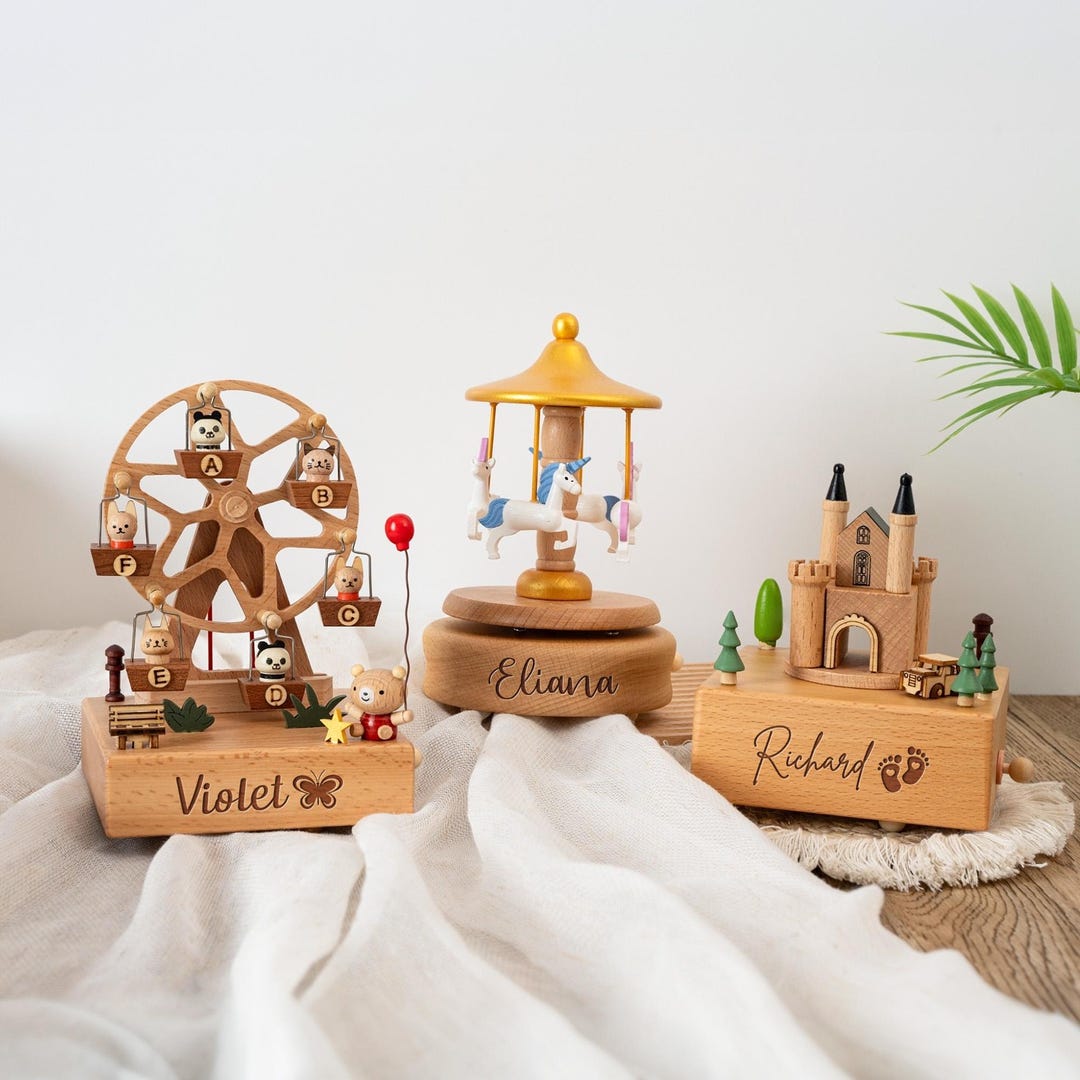 Personalized Wooden Carousel Music Box: Engraved Newborn Baby Keepsake ...