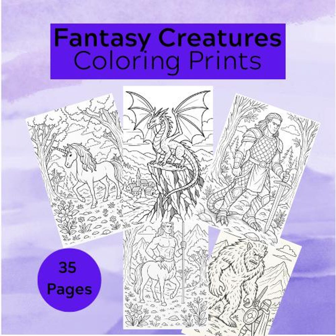 Fantasy Creatures Coloring Book Pages for Kids: 35 Dragons, Unicorns ...