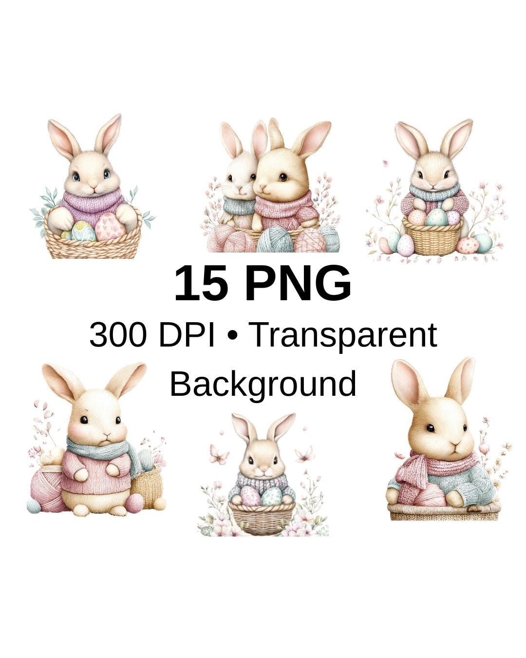 Easter Bunny Clipart Set | Cozy Watercolor Rabbits With Eggs | Spring ...