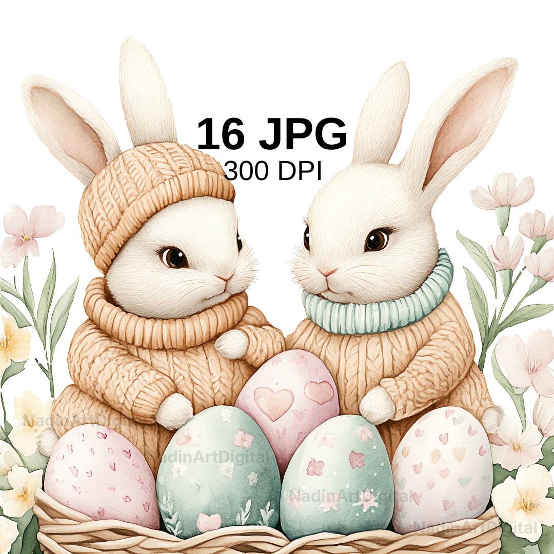 Easter Bunny Clipart Set – 16 JPG Spring Illustrations (300 DPI Digital ...