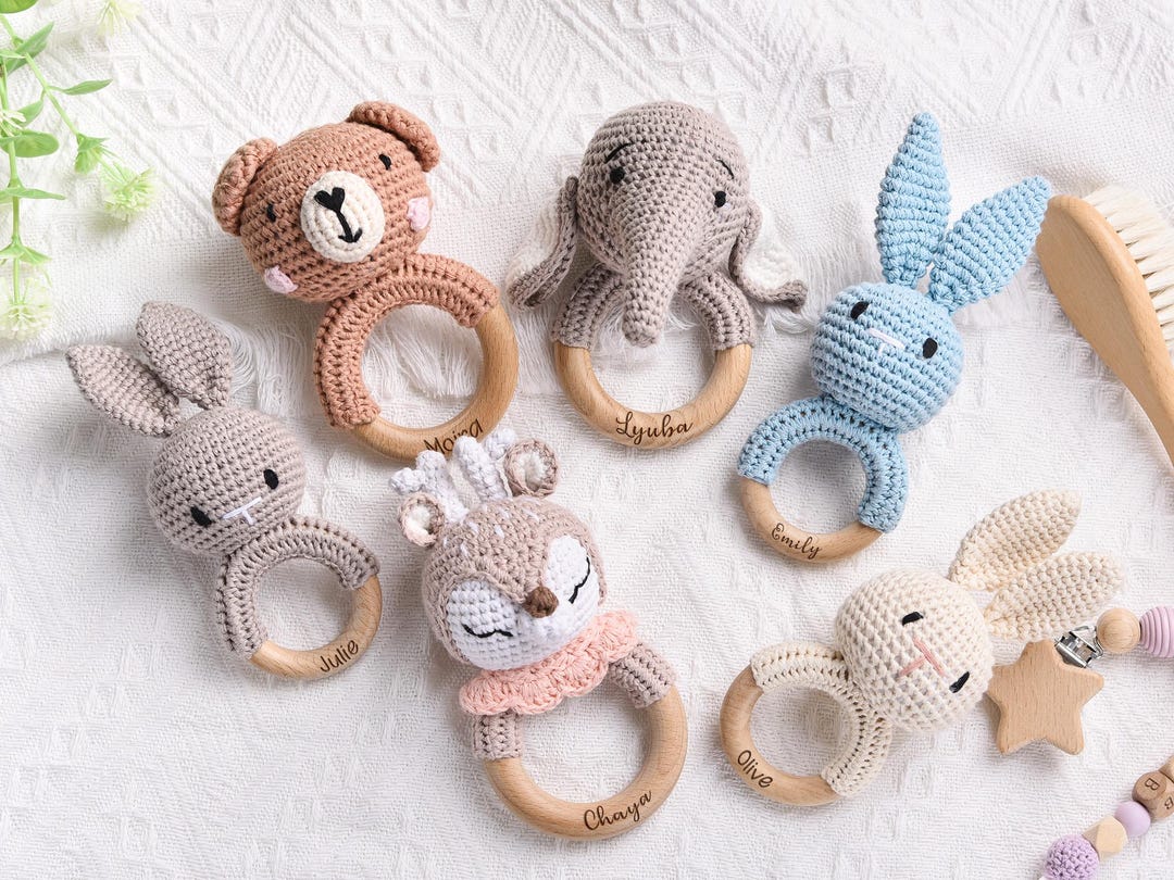 Personalized Baby Crochet Rattle, Custom Animal Rattle, Wooden Rattle ...