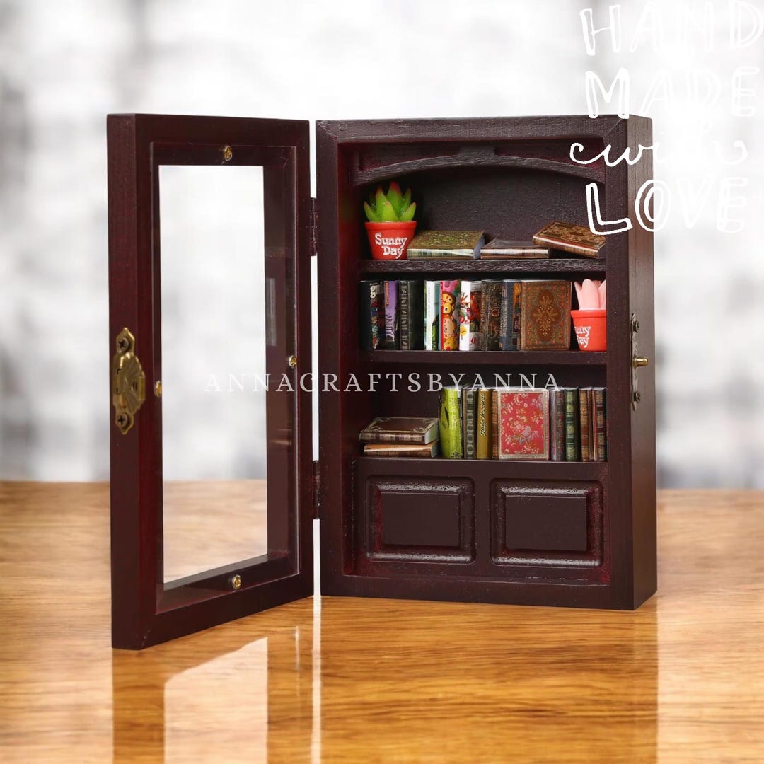 Mini Library Bookcase With 60 Mini Books Handmade Wooden Anxiety Relief ...