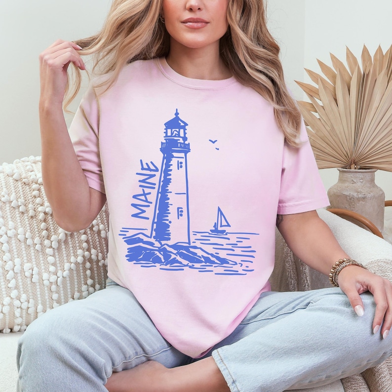 Retro Maine Lighthouse Shirt, Hand Drawn Sea Graphic Tee, Comfort ...