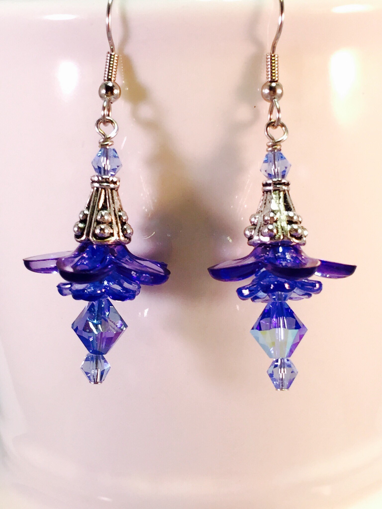 Sapphire Blue Lucite Flower Earrings With Saphire Swarovski Etsy