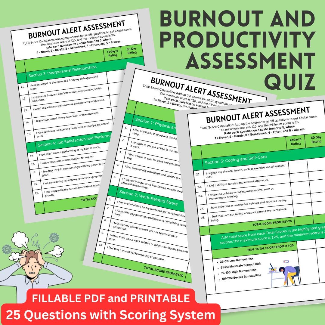 Work Burnout Self-assessment Tool With Scoring System Detection Quiz to ...