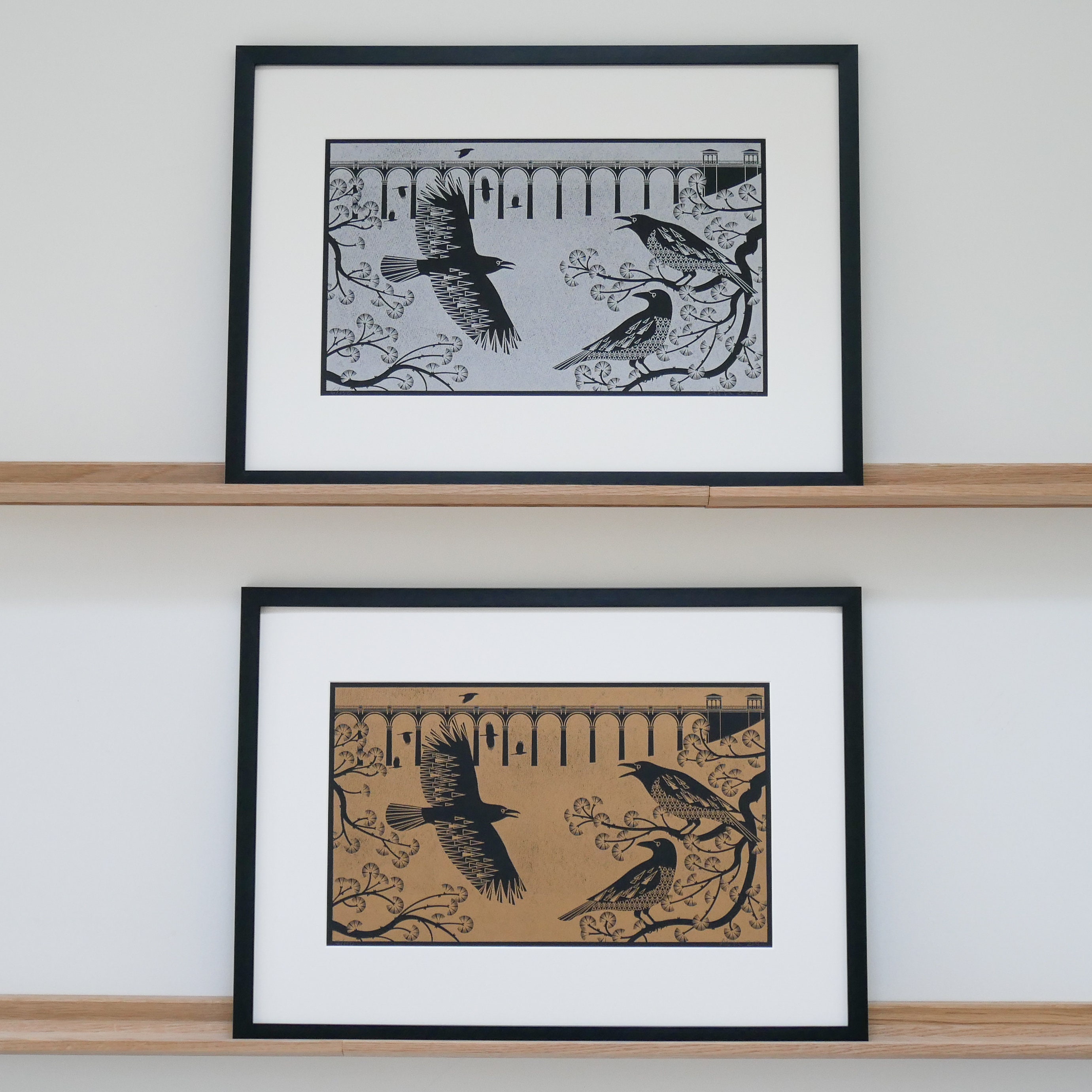 Gold Crows at the Viaduct Print Letterpress Art Blockprint | Etsy