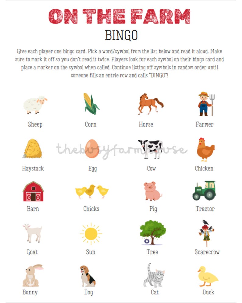 On the Farm BINGO - Printable - Etsy
