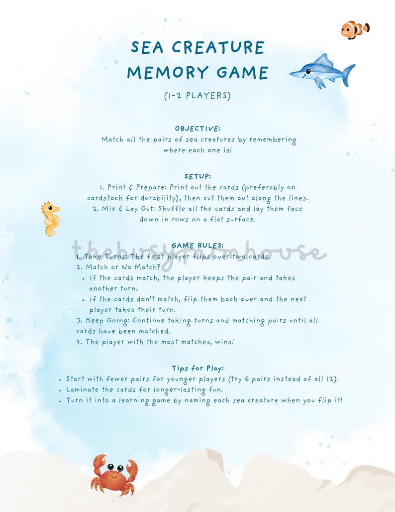 Sea Creatures Memory Game - Printable - Etsy