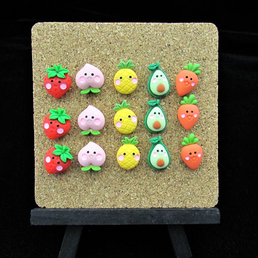 15 Tiny Happy Fruit Push Pins Strawberry Peach Pineapple Avocado Carrot ...