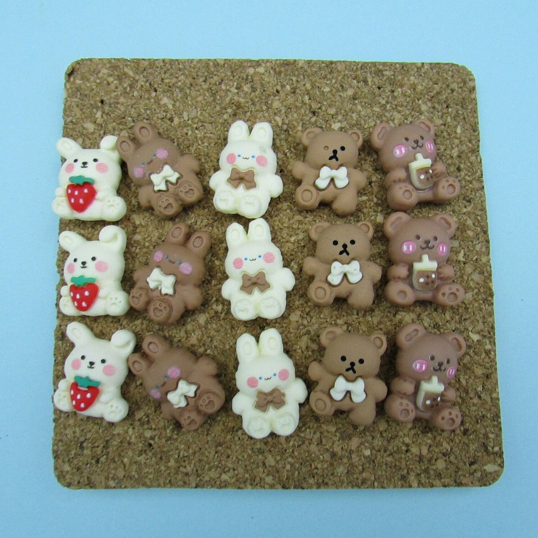 15 Bears and Rabbit Push Pins, Kawaii Neutral Colors for Bulletin Board ...