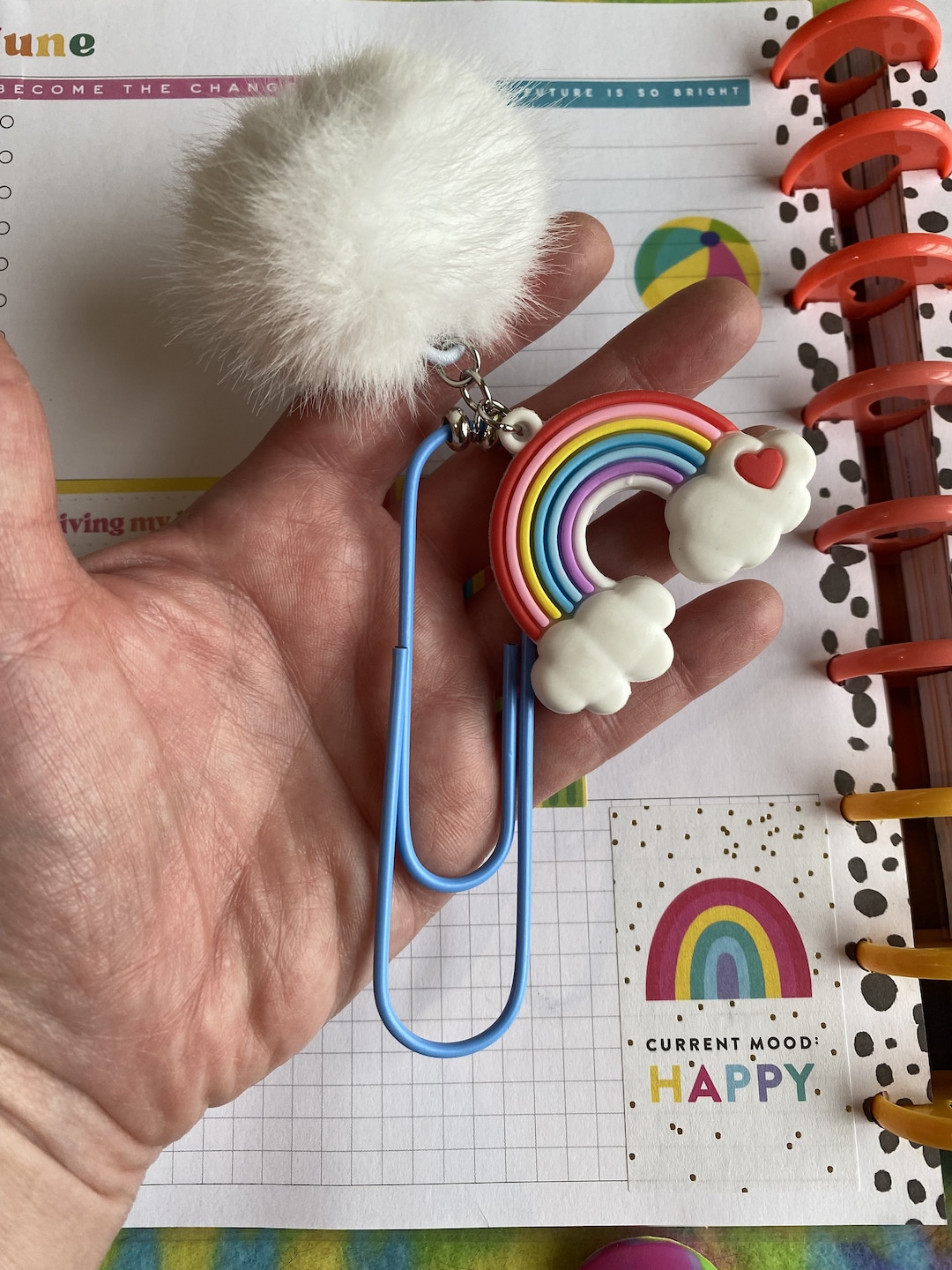 4 Inch Paper Clip With Rainbow and Faux Fur Pom Cloud Bookmark, Cute ...