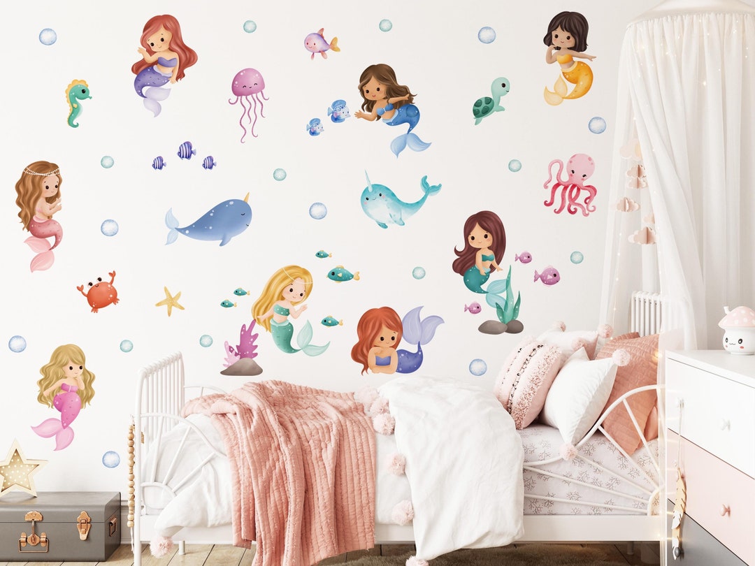 Mermaid Girls Room Decal, Ocean Sea Animals Wall Sticker, Nursery Decor ...