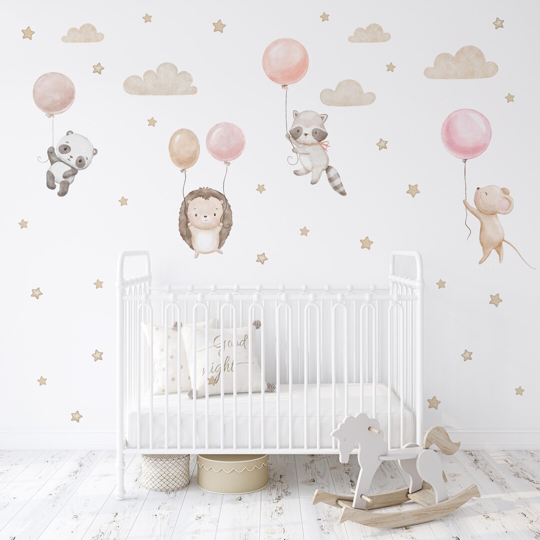 Watercolor Animals Holding Balloon Wall Decal, Nursery Animal Wall ...