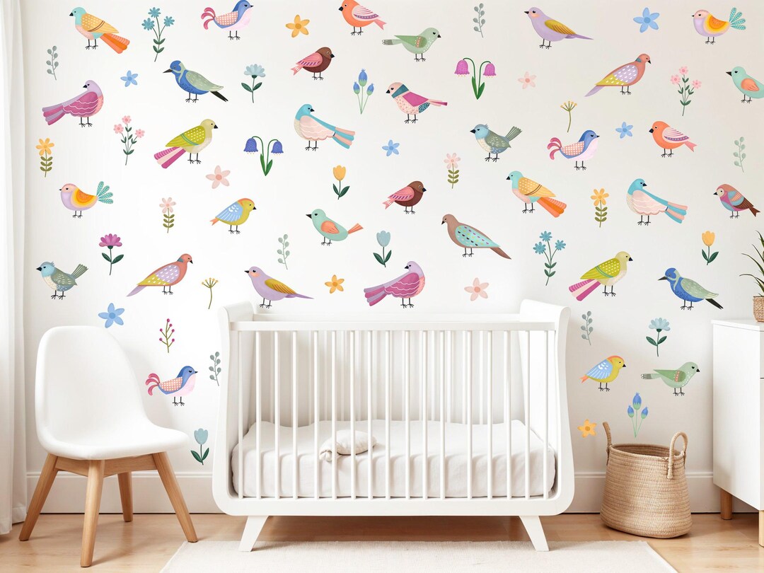 Birds and Flowers Wall Decal, Nursery Floral Wall Stickers, Girl's Room ...