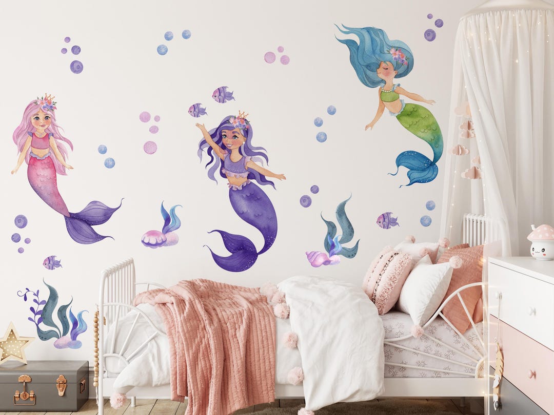 Watercolor Mermaids Ocean Animals Wall Decal, Nursery Wall Decal, Girl ...