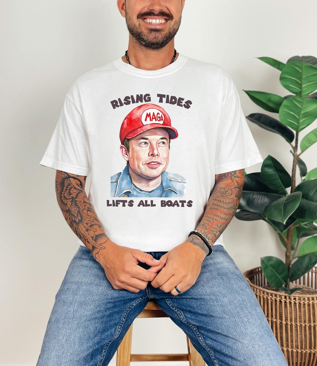 MAGA Elon Musk Mario Hat Rising Tides Raises All Boats, Patriotic Tee ...