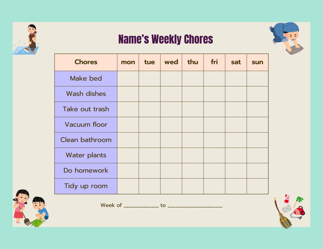 Kid's Weekly Chores Templates - Etsy