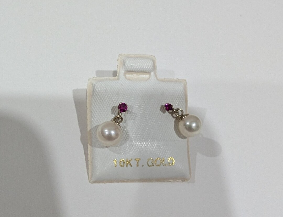 Brand New 10K Yellow Gold Pearl Ruby Earrings for Sale - Etsy