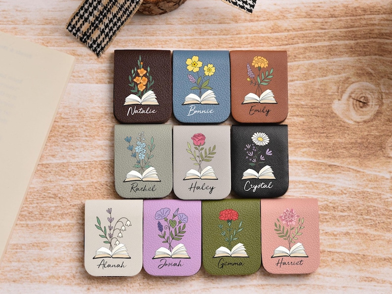 Personalized Magnetic Leather Bookmark With Birth Flower, Custom ...