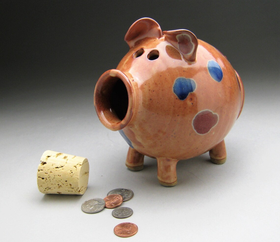 Large Ceramic Piggy Bank Copper With Red and Blue Spots - Etsy