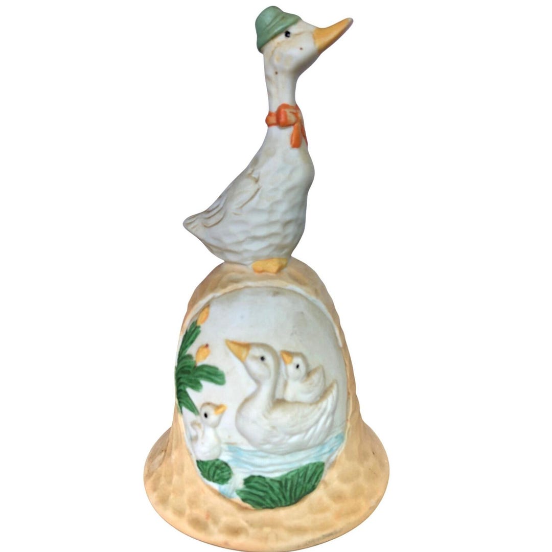 Vintage Ceramic Goose Bell Figurine With Duckling Scene & Gold String ...
