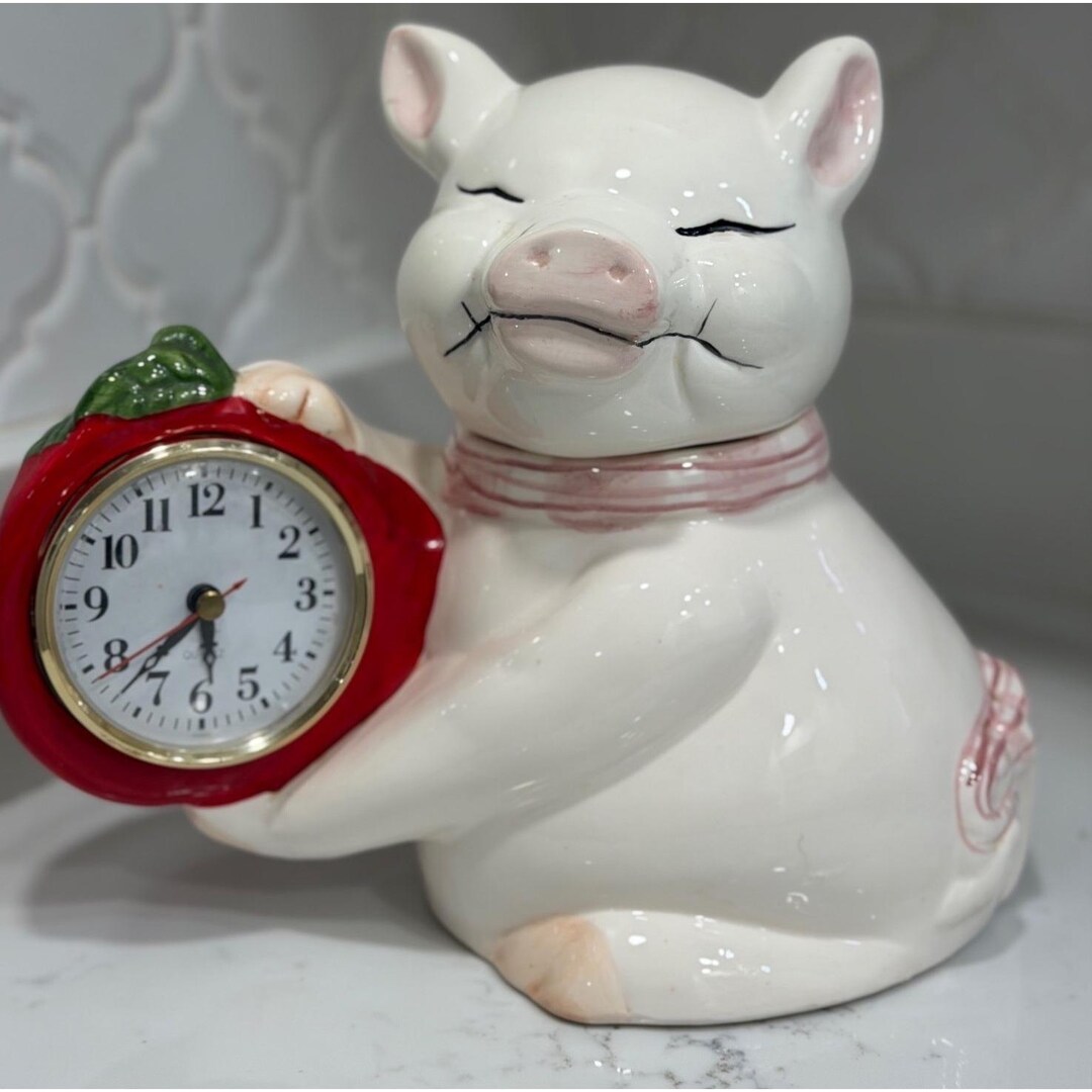 Pig Cookie Jar Vintage Ceramic Apple Clock Design Rare Canister Kitchen ...