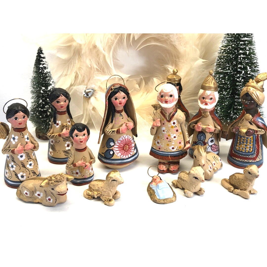 14-piece Handmade Clay Nativity Set With Angels & Animals Folk Art Hand ...