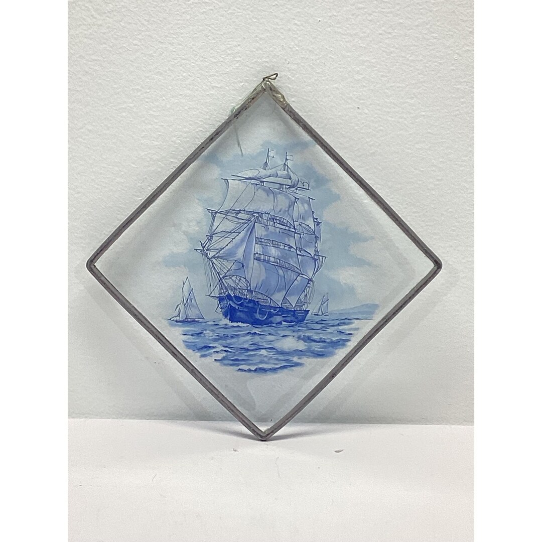 Vintage Stained Glass Nautical Ship Panel With Blue Sailing Scene ...