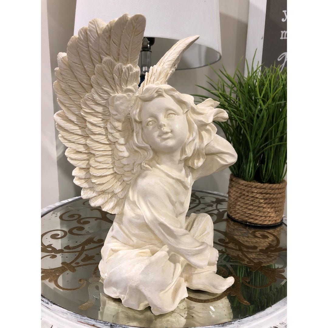 Angel Sculpture With Detailed Wings Flowing Robe Cream Finish Sitting ...