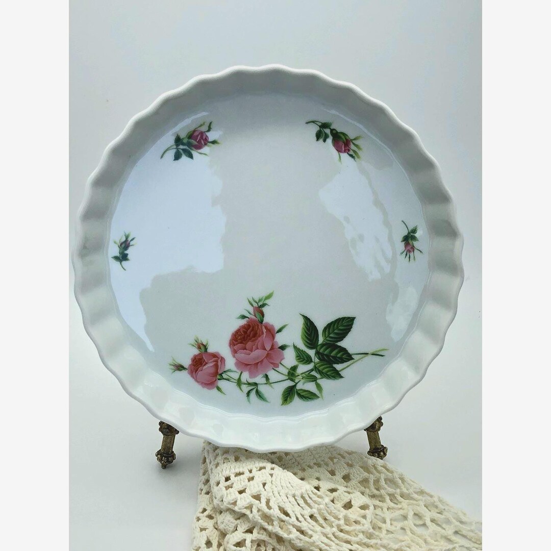Vintage Pie Dish Table Centerpiece Tray Rose Floral Porcelain Serving ...