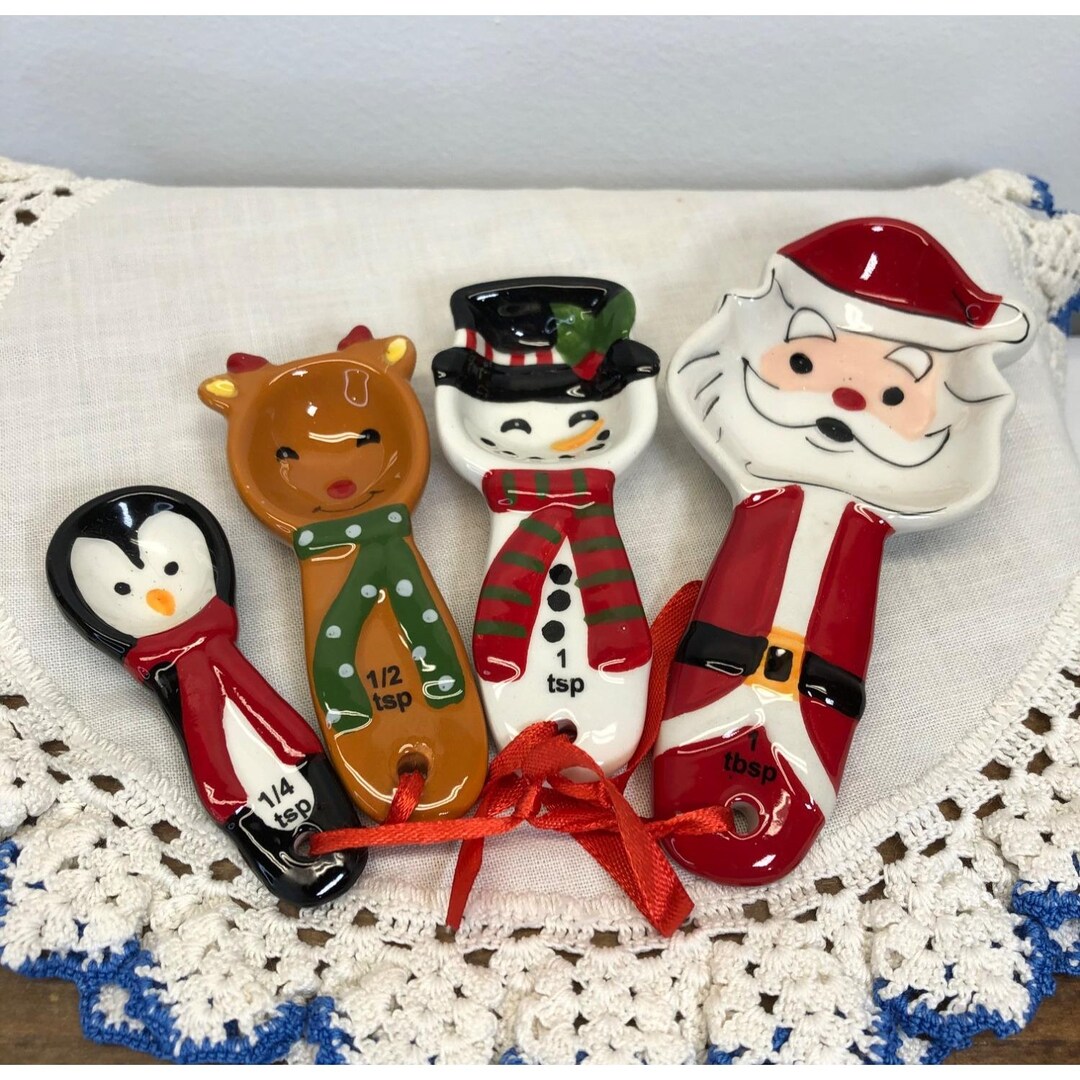 4 Pc Sleigh Bell Bistro Santa Snowman Measuring Spoons Ceramic ...