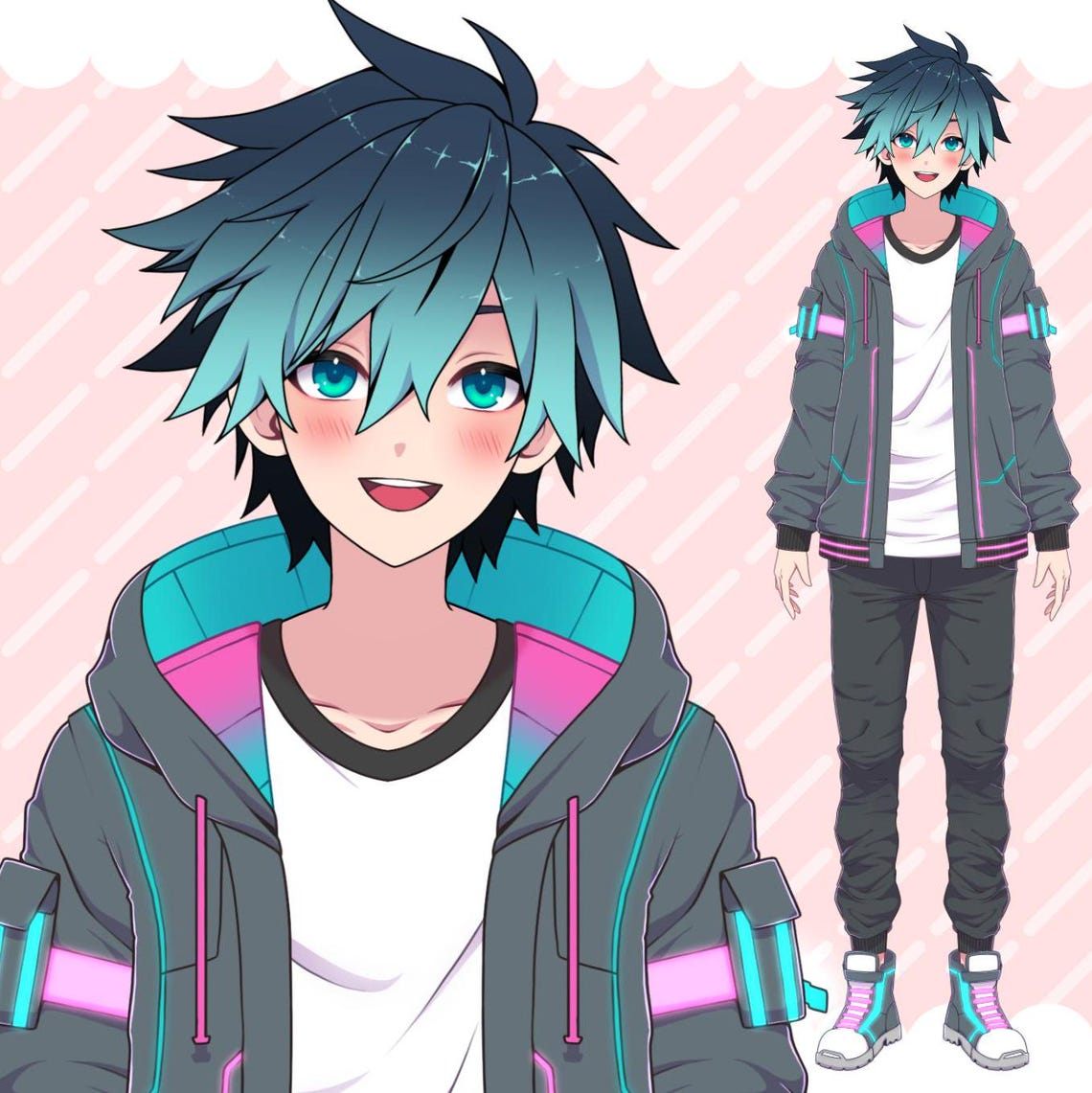Premade Fullbody Live2d Male Vtuber Model: Tech Blue Boy, Customizable Rigged Twitch Virtual ...