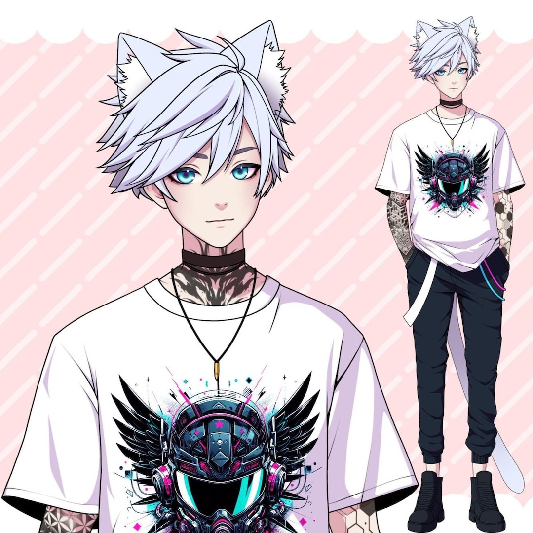 Premade Fullbody Live2d Male Vtuber Model: White Bad Rebel Rock Cat Boy ...