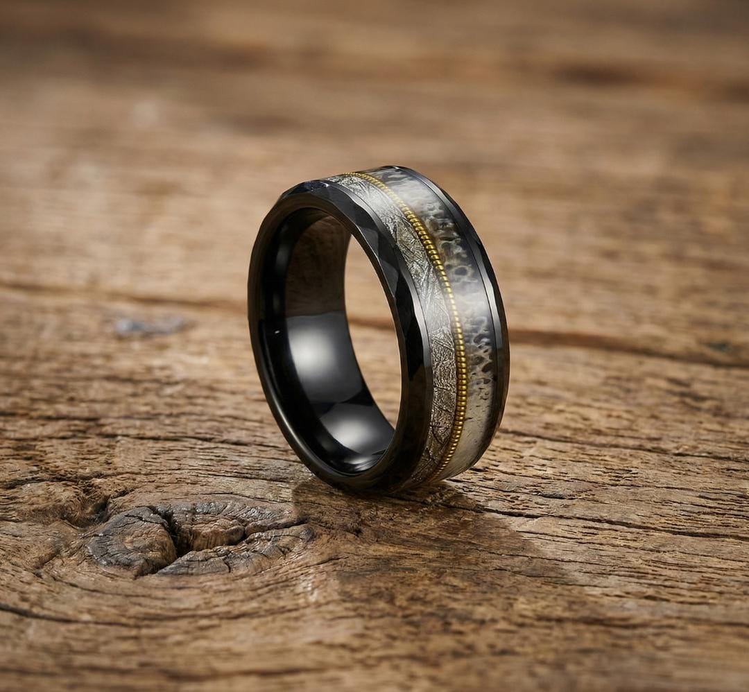 Hammered Black Tungsten Ring: Gold Guitar String, Antler & Silver Inlay ...